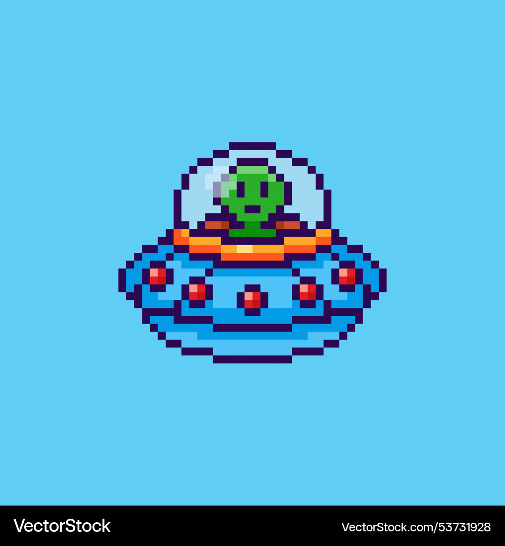 Pixel art alien in ufo spaceship game asset design