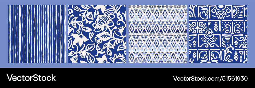 Ethnic blue seamless patterns with plant motifs Vector Image