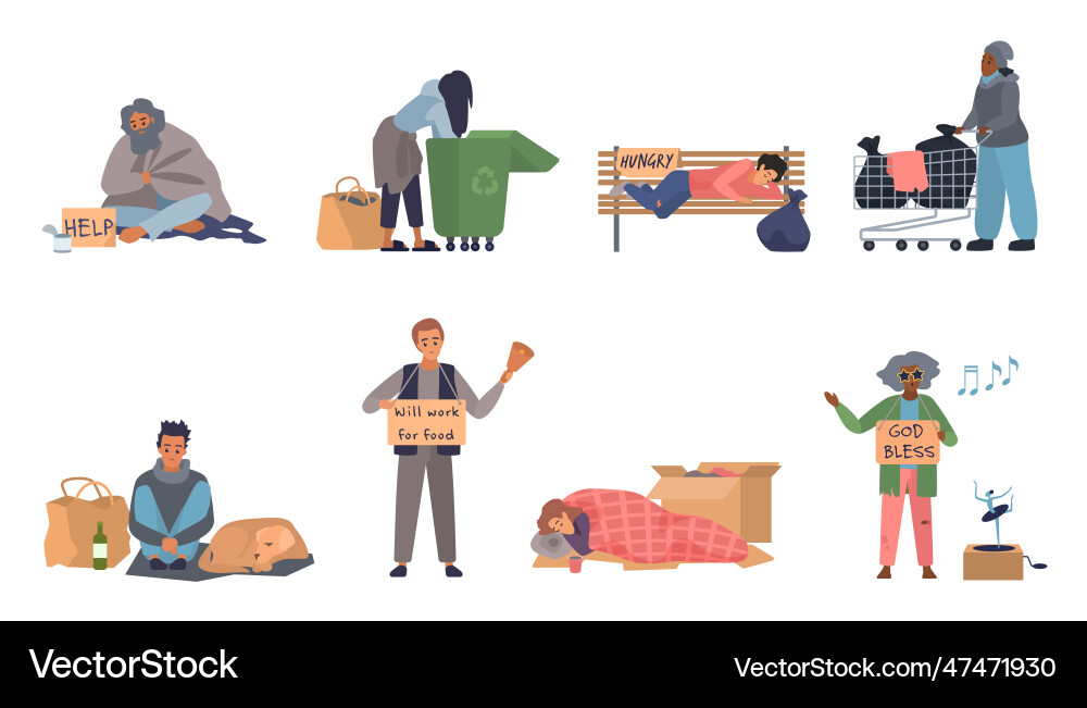 Homeless poor people set poverty scenes Royalty Free Vector