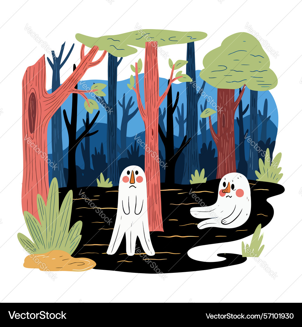Two sad ghosts in a dark forest scene Royalty Free Vector