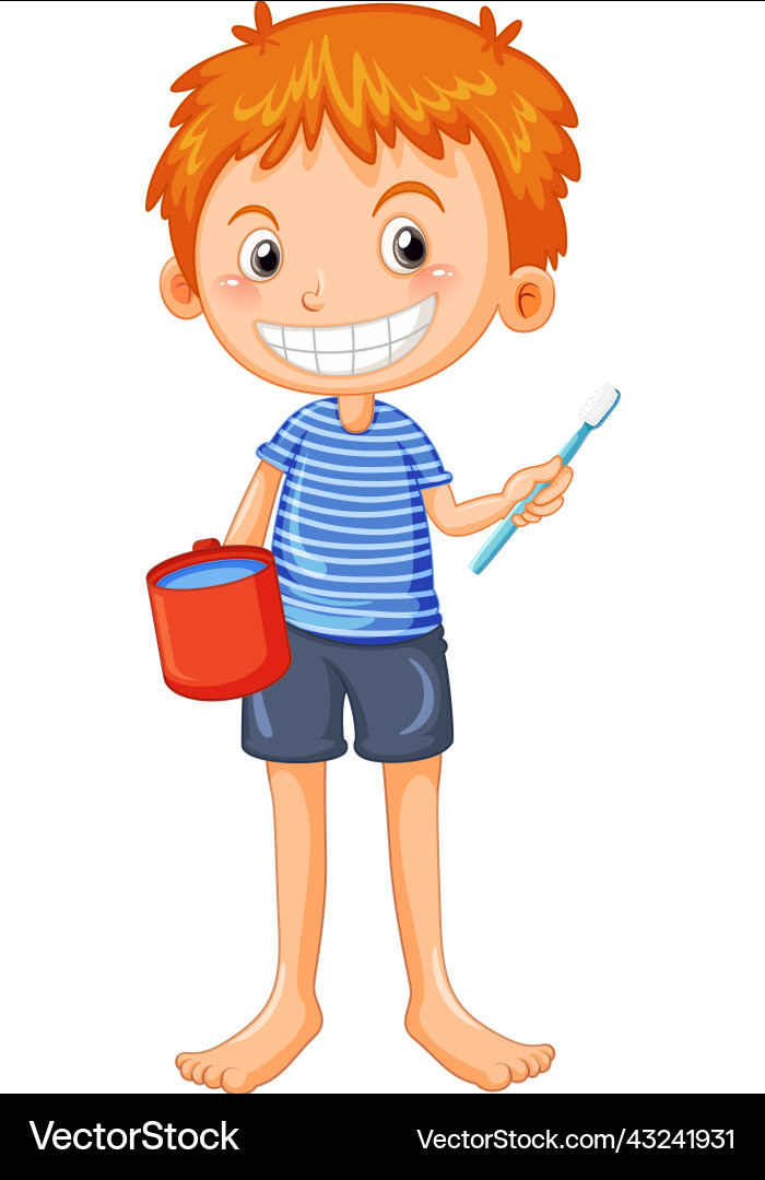Boy smiling after brushing teeth holding cup Vector Image