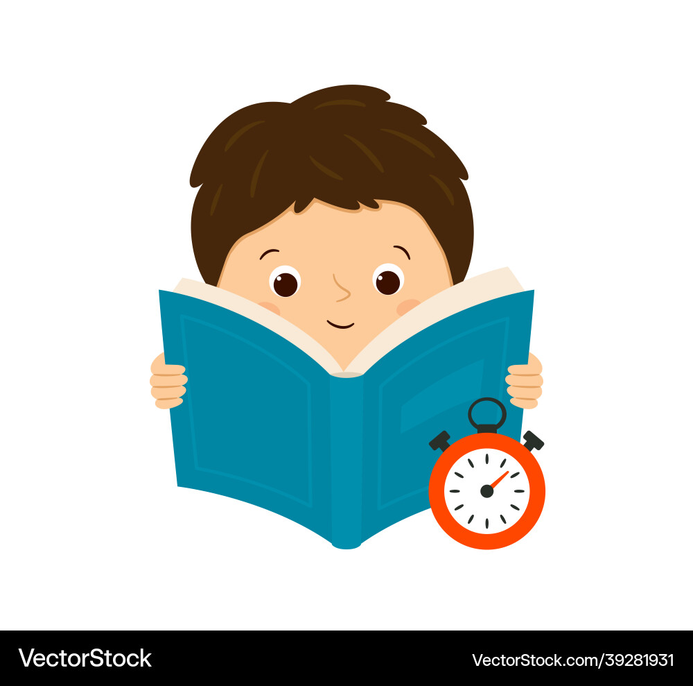 Speed reading a boy reads book and measures Vector Image