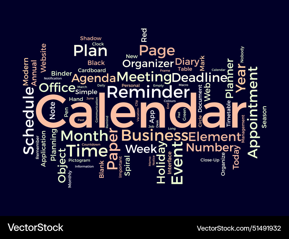 Calendar word cloud template diary planning Vector Image
