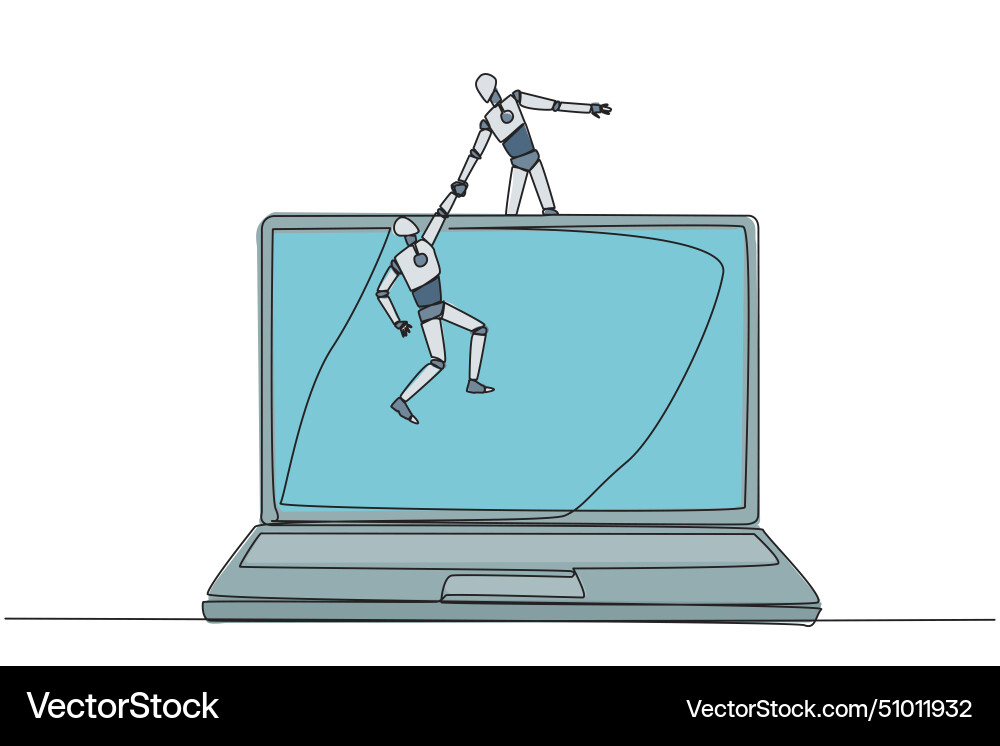Single continuous line drawing smart robot helps Vector Image