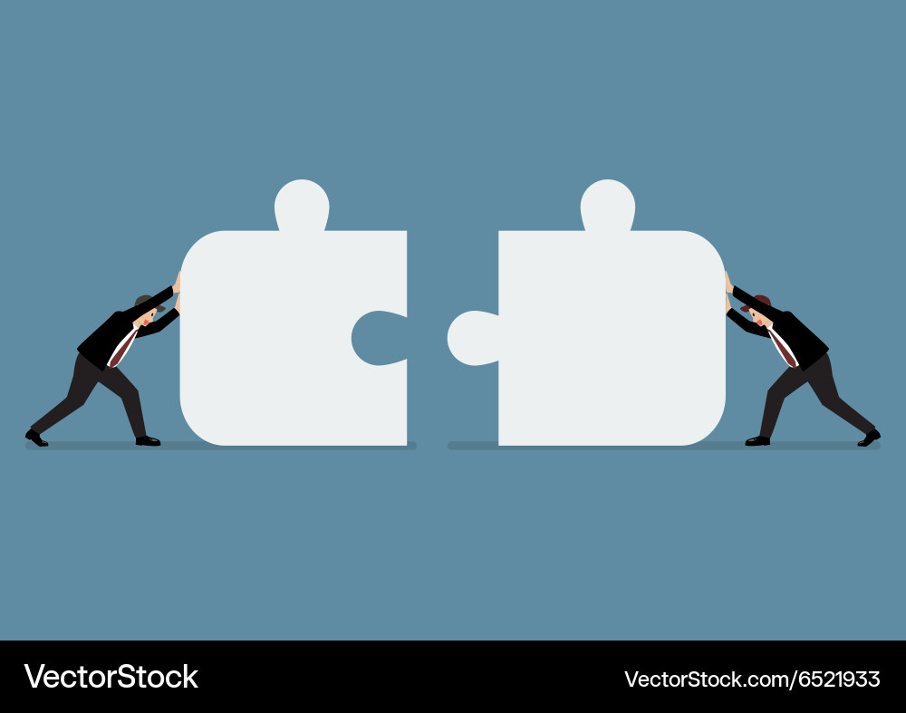 Businessmen pushing two jigsaw pieces together Vector Image