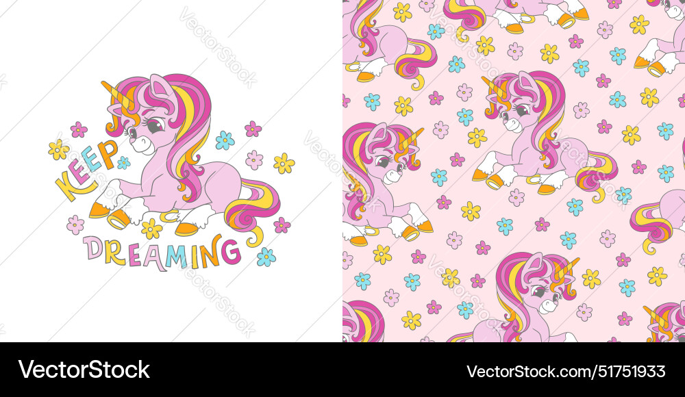Pink unicorn and seamless pattern set Royalty Free Vector