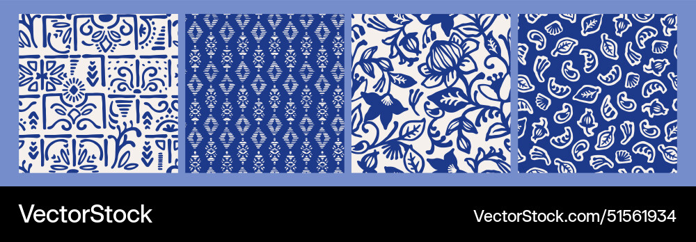 Ethnic blue seamless patterns with plant motifs Vector Image