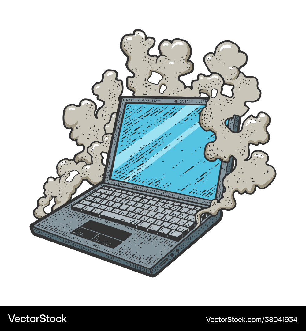 Smoking broken laptop sketch Royalty Free Vector Image