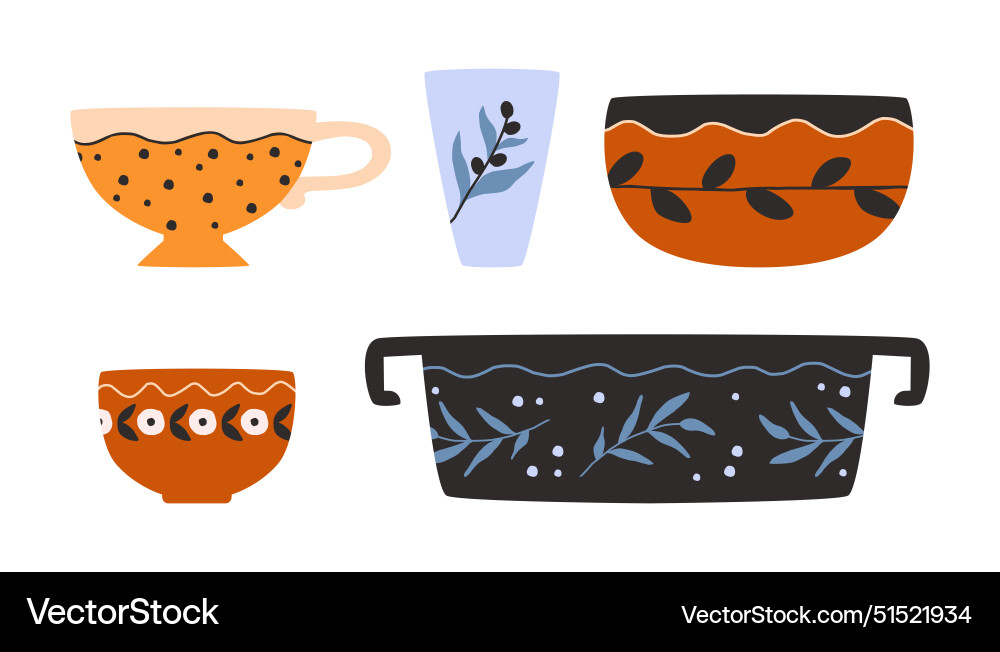 Tea tableware ceramic cups kitchen utensil hot Vector Image