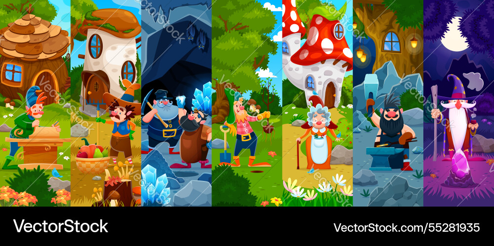 Cartoon gnome elf and dwarf characters collage Vector Image