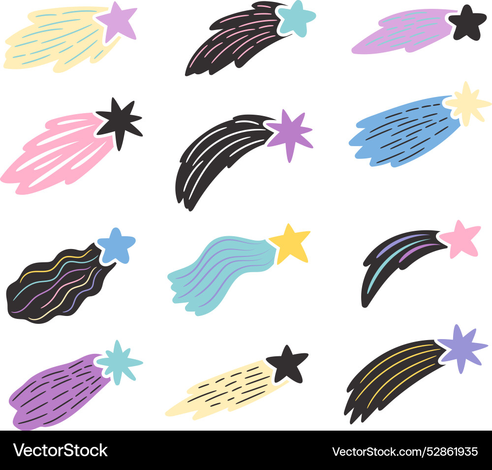 Colorful bright falling stars with tails set Vector Image