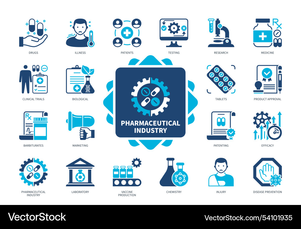 Pharmaceutical industry solid icon set Royalty Free Vector