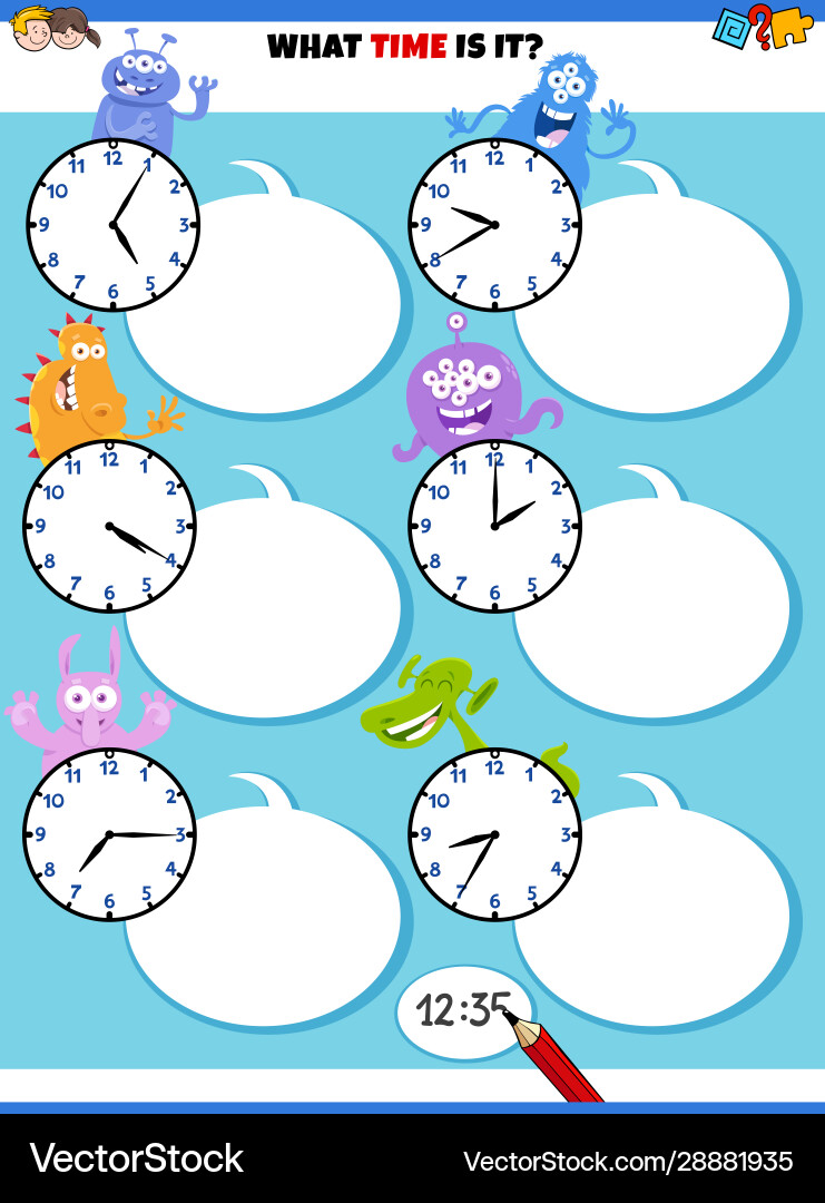 Telling time educational task with fantasy Vector Image