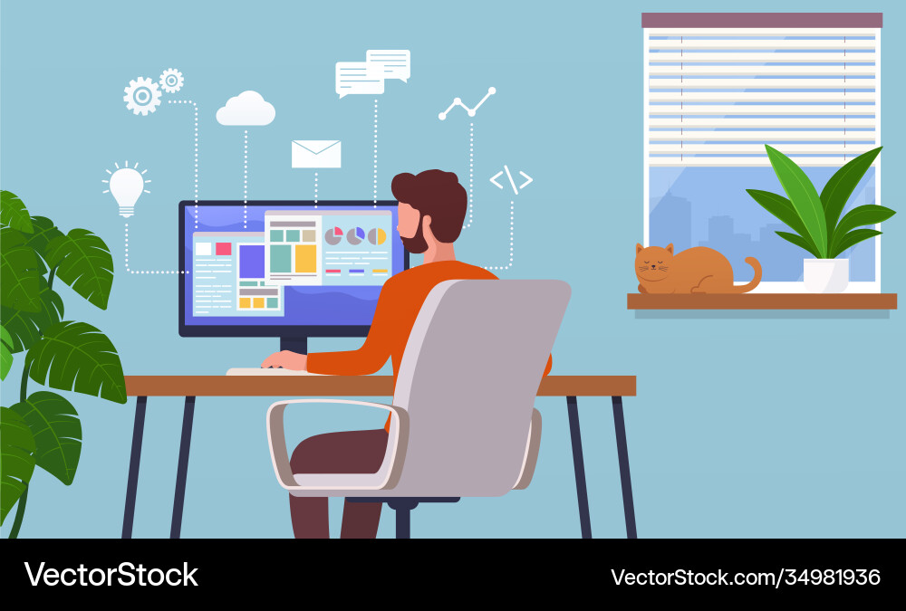 Work at home freelancer man working on computer Vector Image