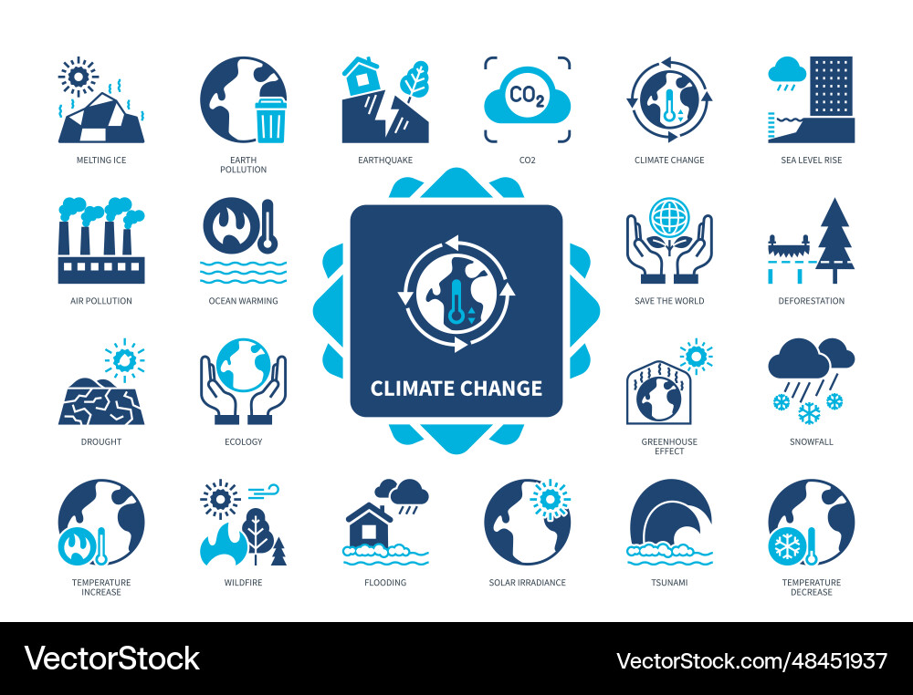 Climate change solid icon set Royalty Free Vector Image