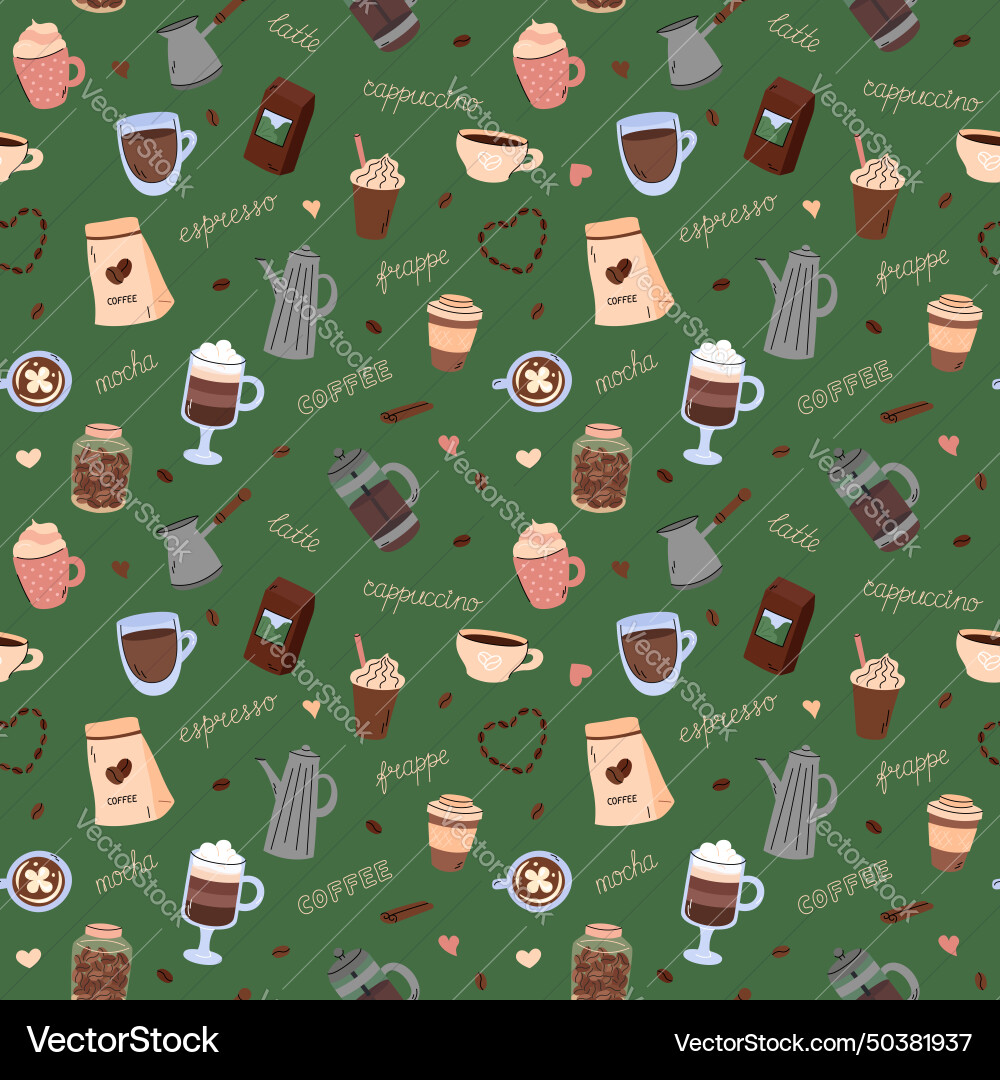 Coffee seamless pattern cute green Royalty Free Vector Image