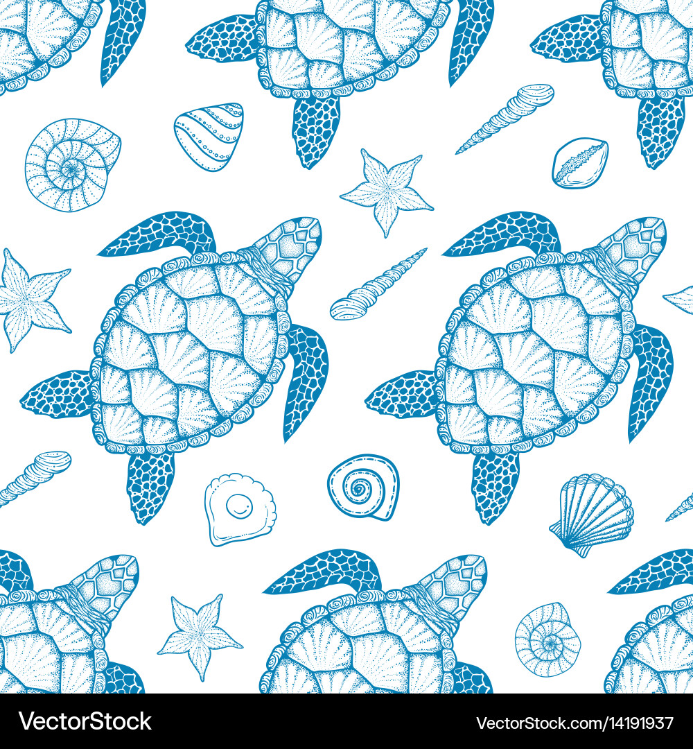 Seamless pattern with sea turtle and shells Vector Image