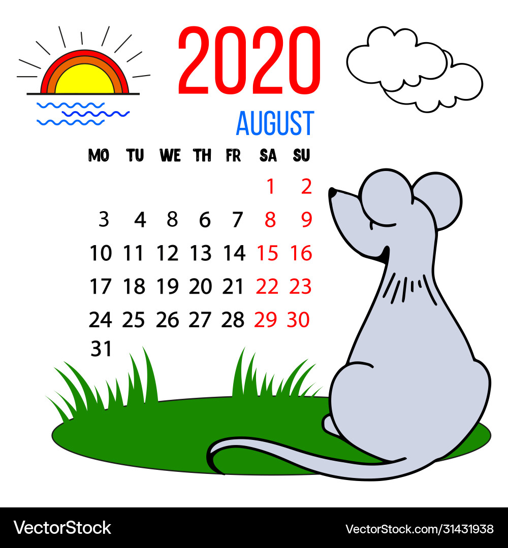 2020 new year calendar august month Royalty Free Vector