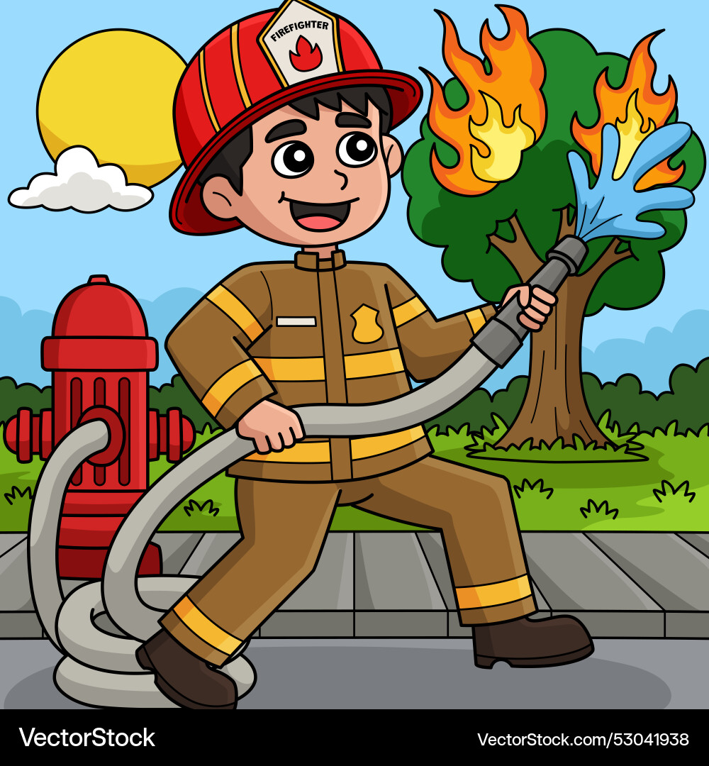 Firefighter putting out a fire colored cartoon Vector Image