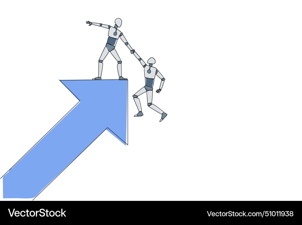 Single one line drawing robot helps colleague Vector Image
