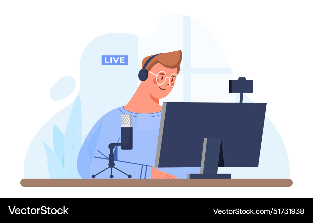 Streamer guy concept man sits at computer Vector Image