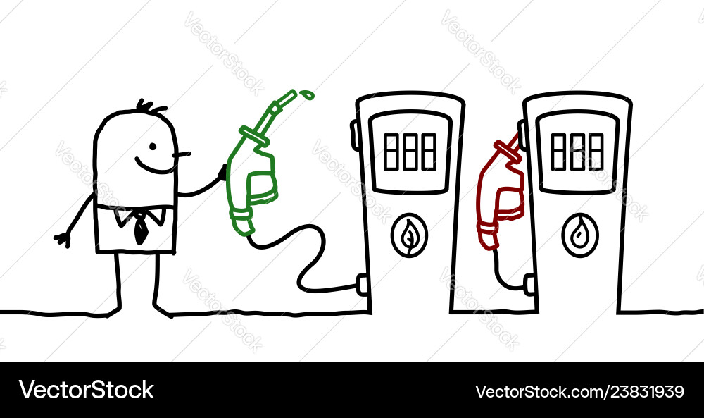 Cartoon man choosing a green fuel Royalty Free Vector Image