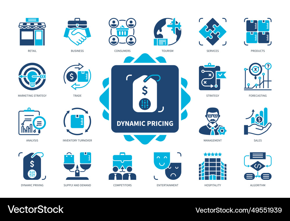 Dynamic pricing solid icon set Royalty Free Vector Image