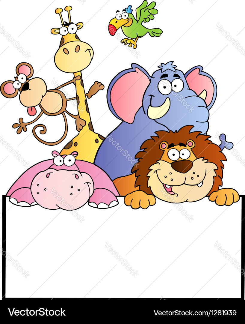 Jungle animals with blank sign board Royalty Free Vector