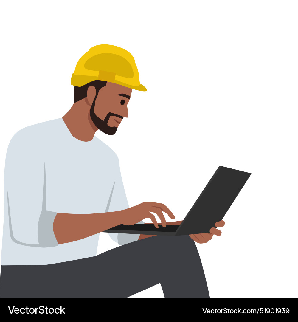 Young engineer in work uniform using laptop Vector Image
