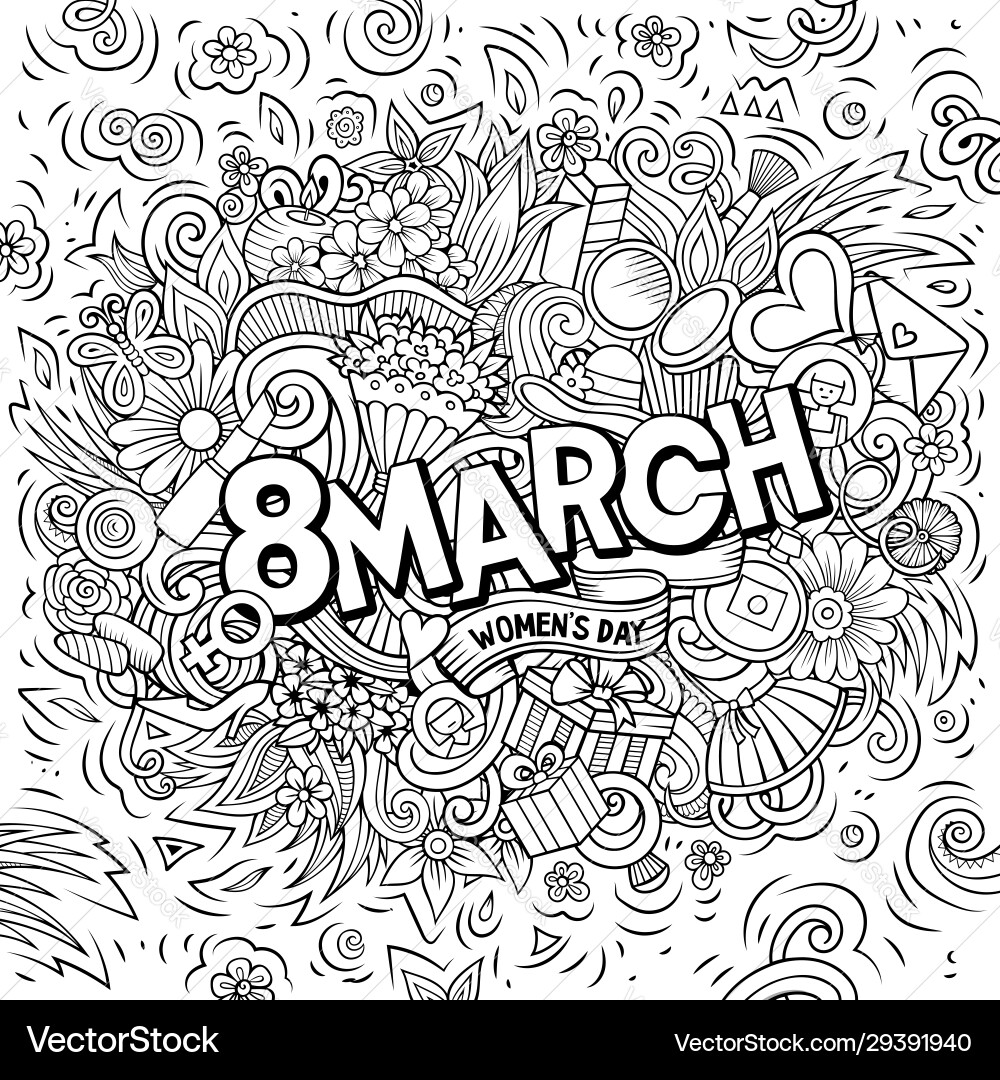 8 march hand drawn cartoon doodles Royalty Free Vector Image