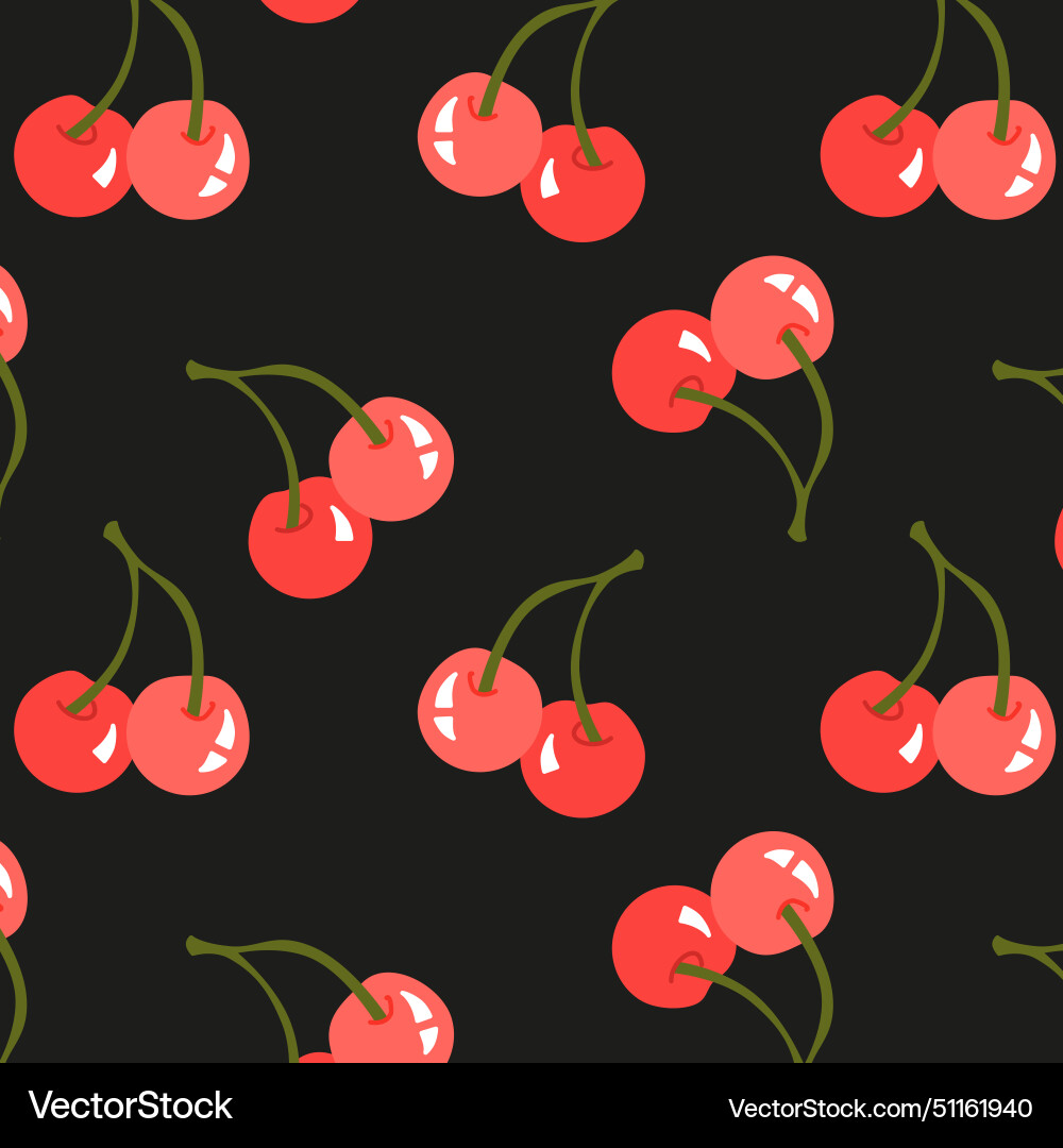 Black summer pattern with cherry red cherries Vector Image