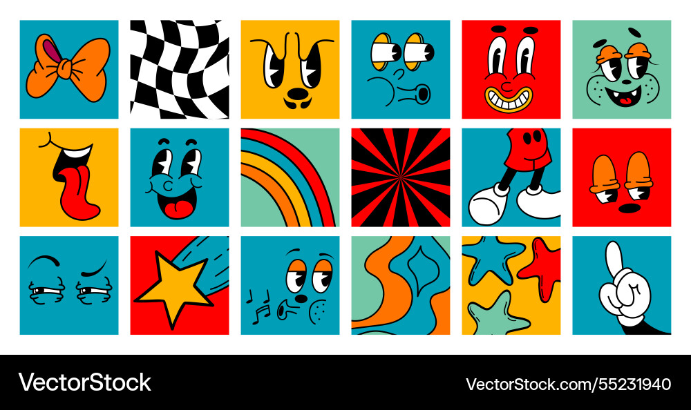 Face squares retro emoticons happy and angry Vector Image