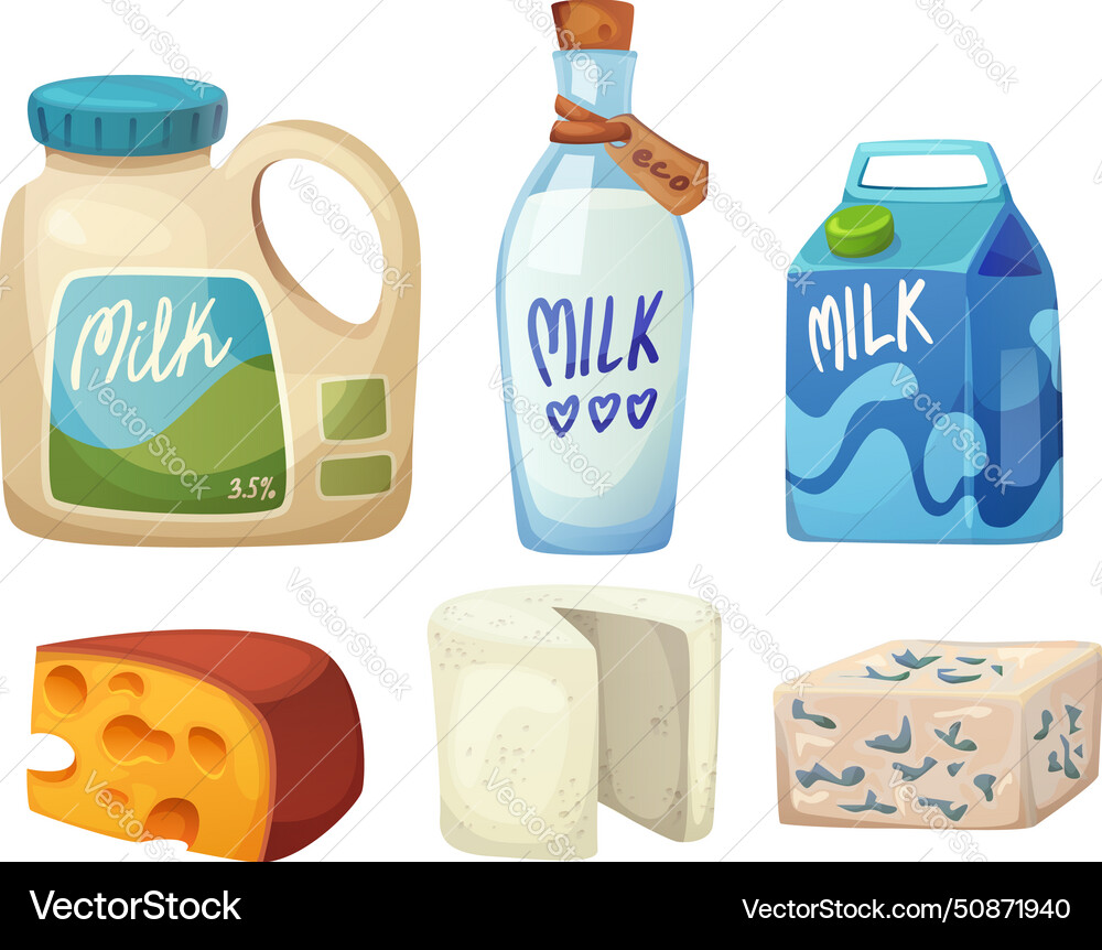 Milk and cheese dairy package cartoon icon Vector Image