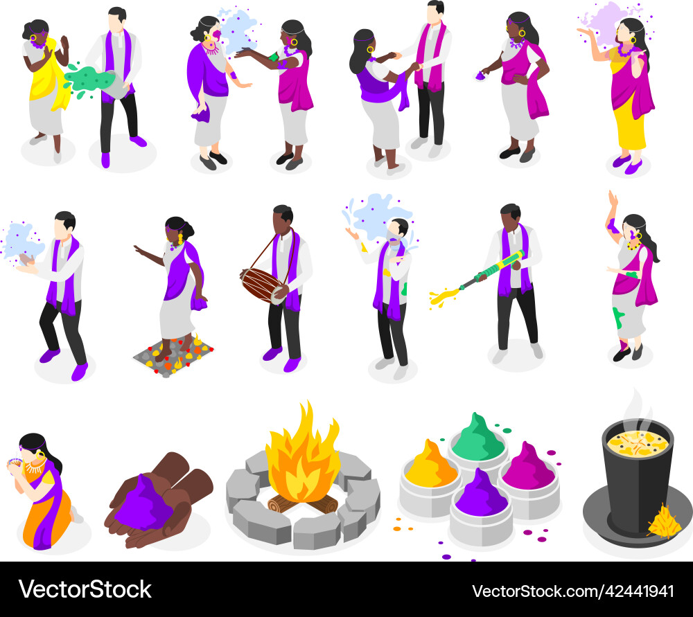 Holi isometric recolor set Royalty Free Vector Image Holi isometric recolor set Royalty Free Vector Image
