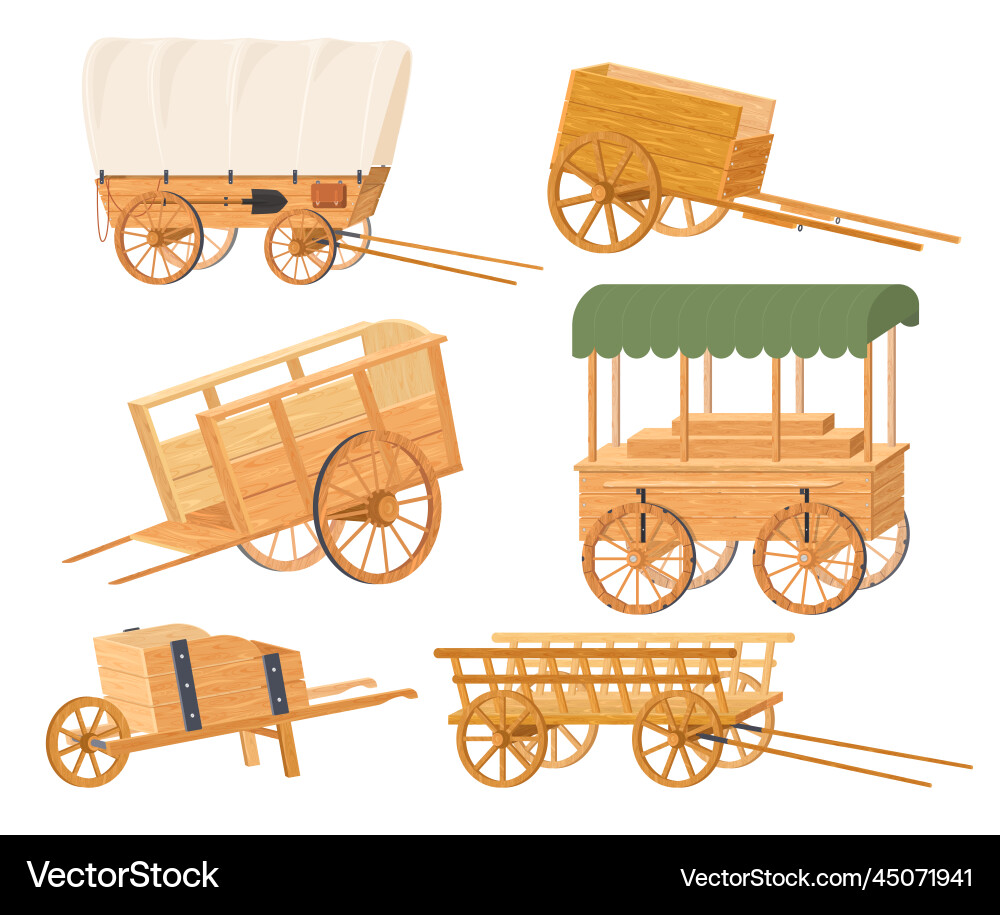 Wooden carts and wheelbarrow isolated set Vector Image