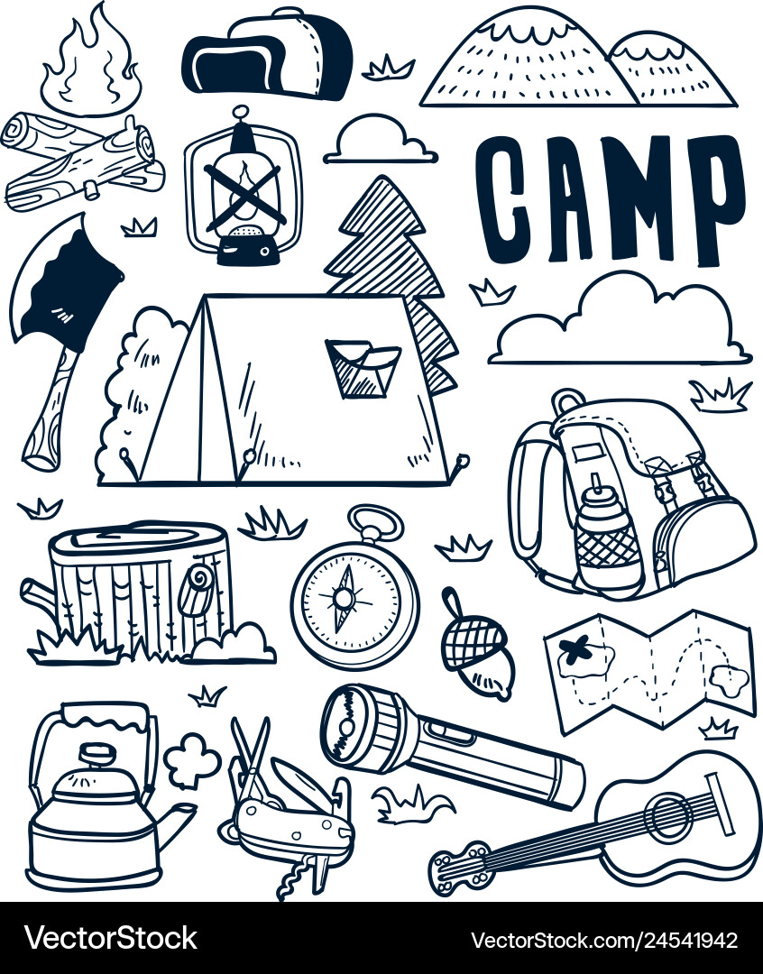 Camping hand drawn doodle Royalty Free Vector Image