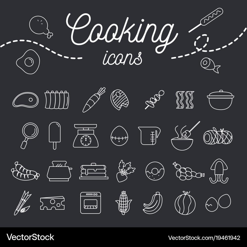 Cooking icon set with dessert fruit and equipment Vector Image