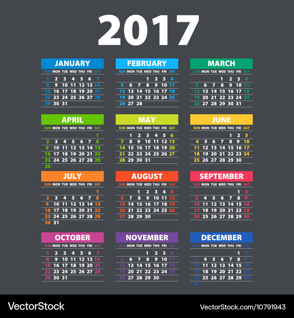Colorful 2017 Calendar Template Royalty Free Vector Image