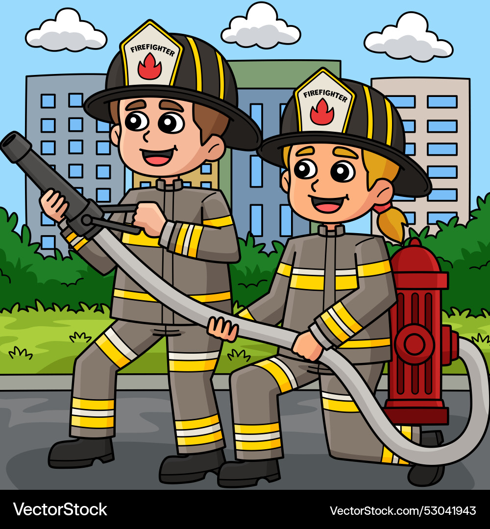 Firefighters with a fire hydrant colored cartoon Vector Image
