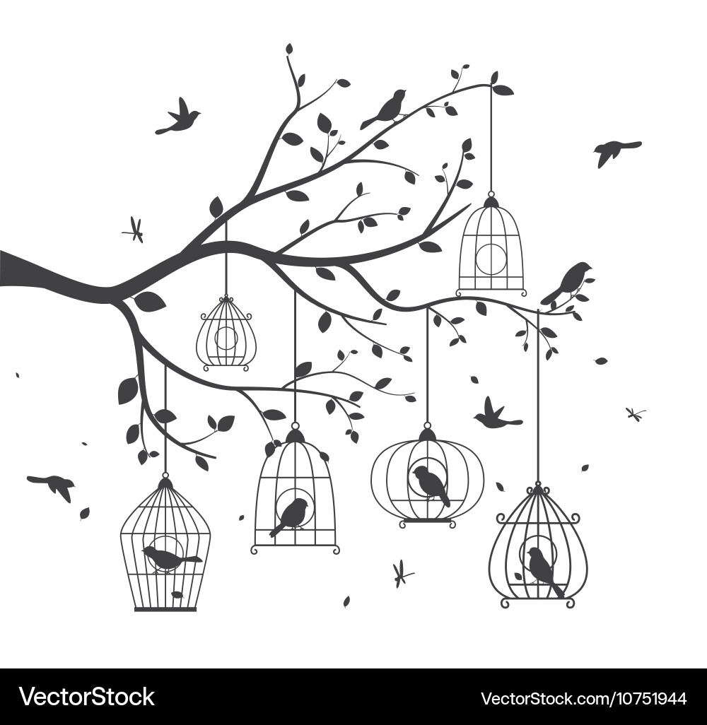 Colorful birds with tree and birdcage Royalty Free Vector