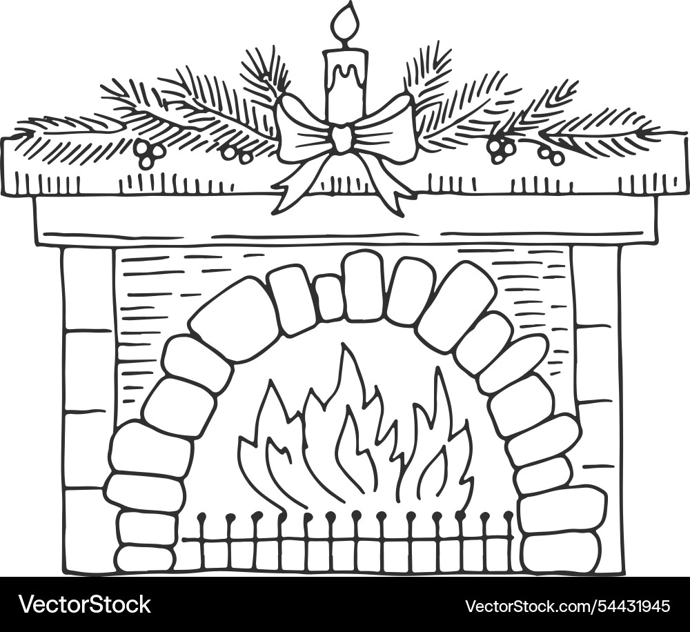 Christmas fireplace drawing cozy holiday interior Vector Image