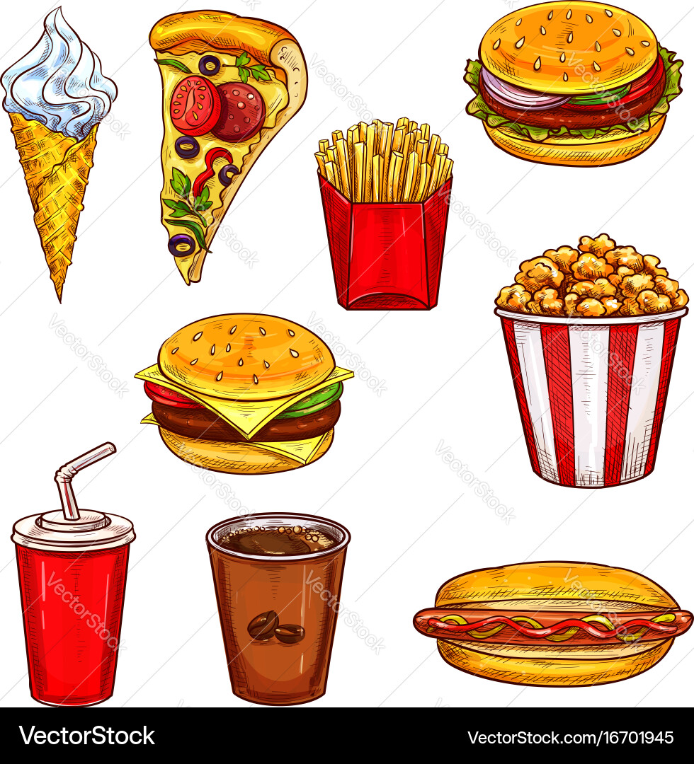 Fast food sketch set with burger drink dessert Vector Image Fast food sketch set with burger drink dessert Vector Image