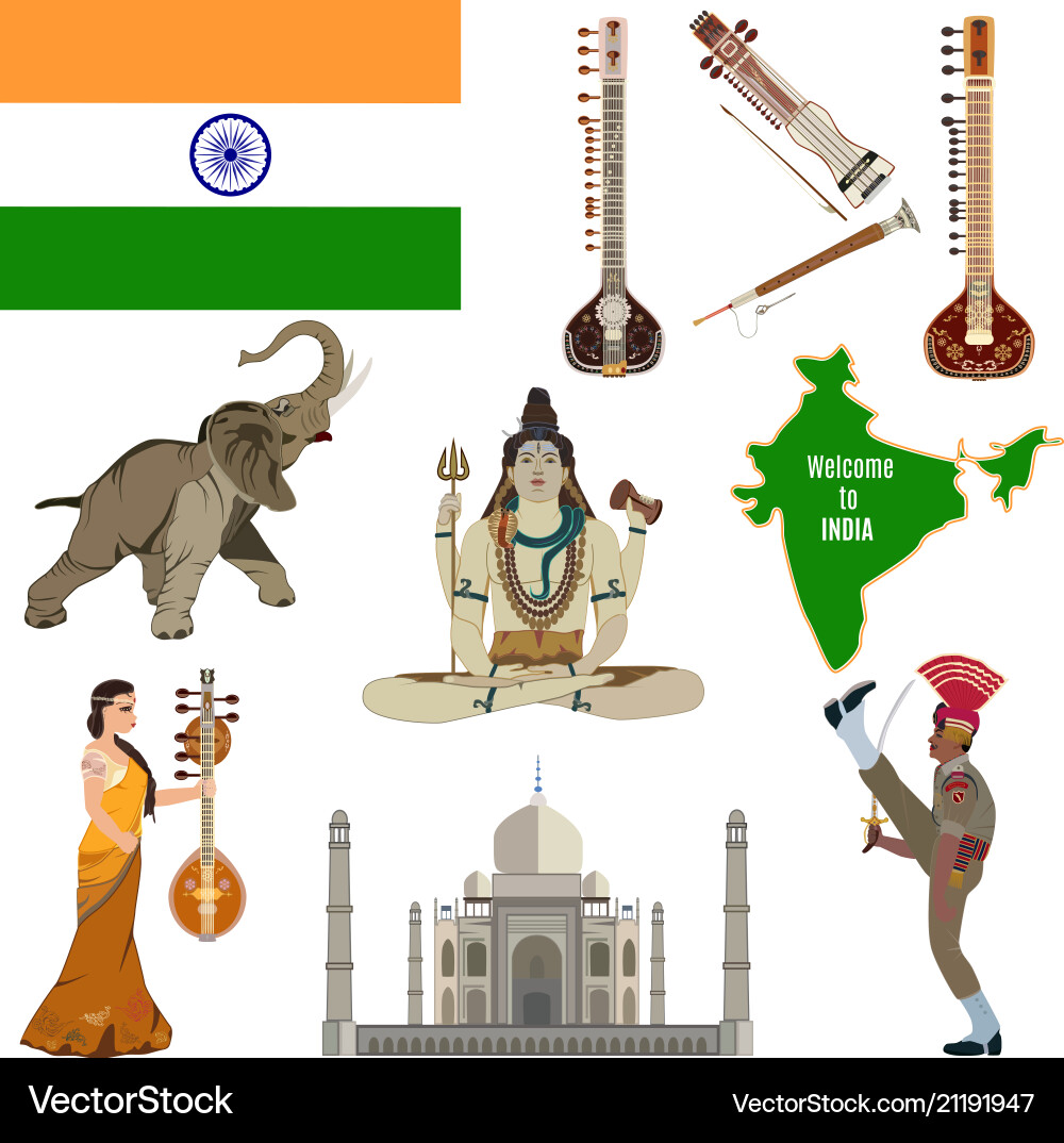 Indian symbols flat icon set Royalty Free Vector Image