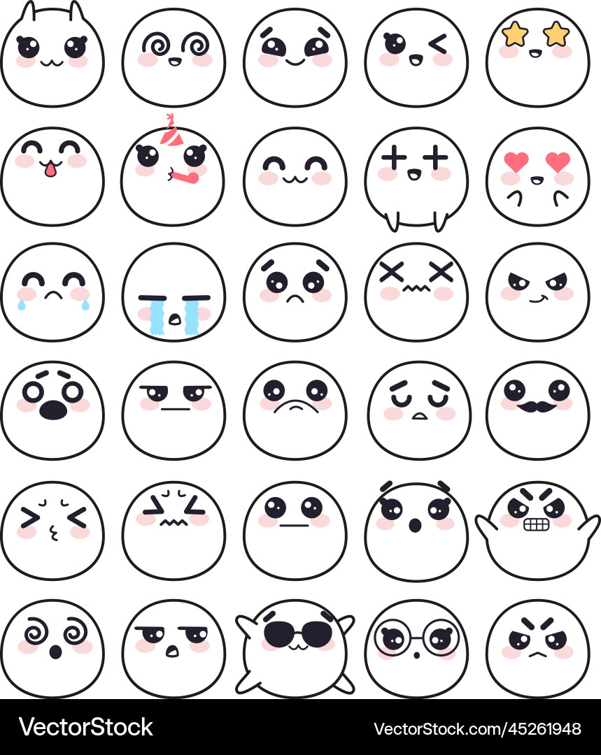 Kawaii cute faces emotion collection line art Vector Image