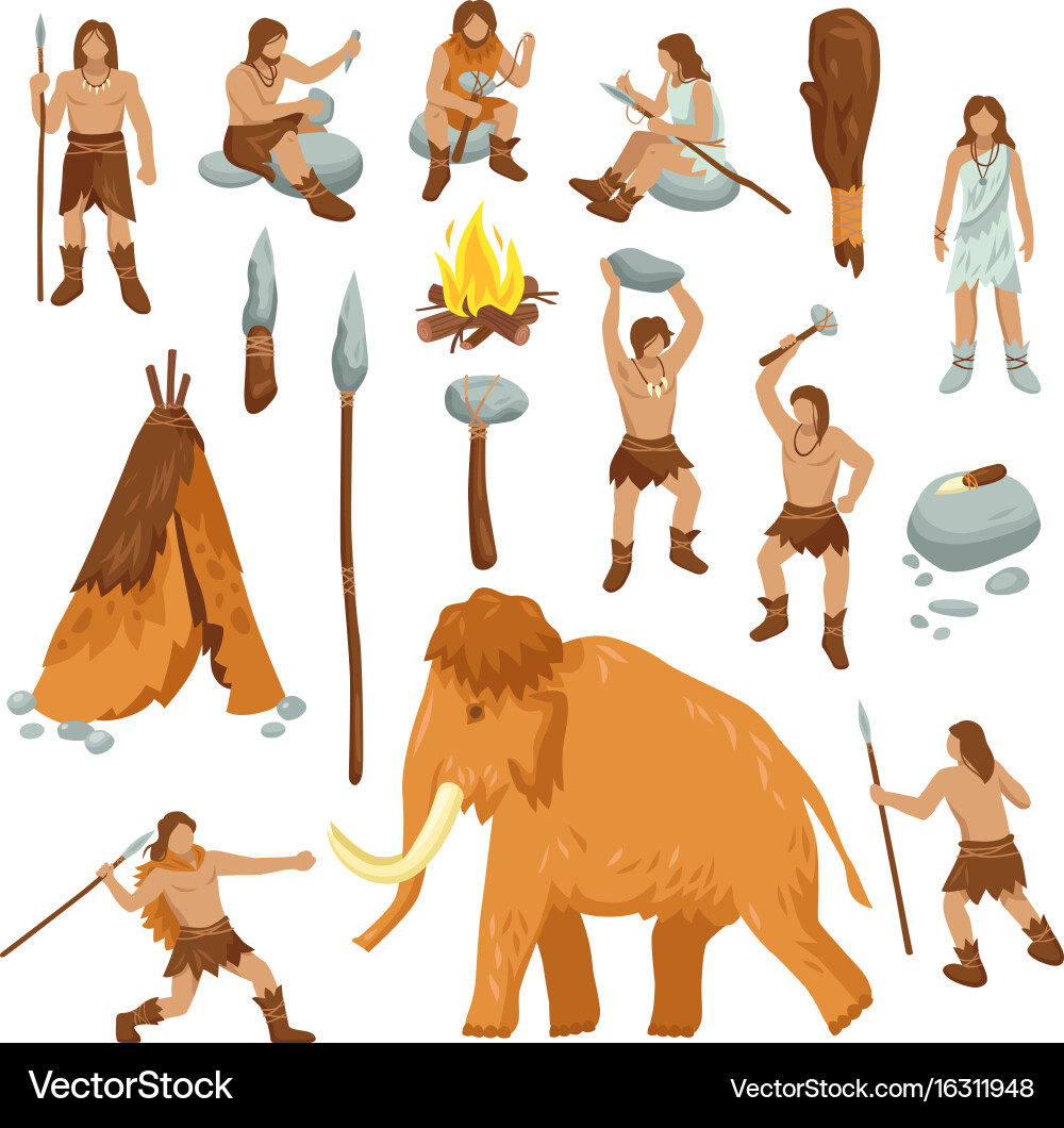 Primitive people flat cartoon icons set Royalty Free Vector