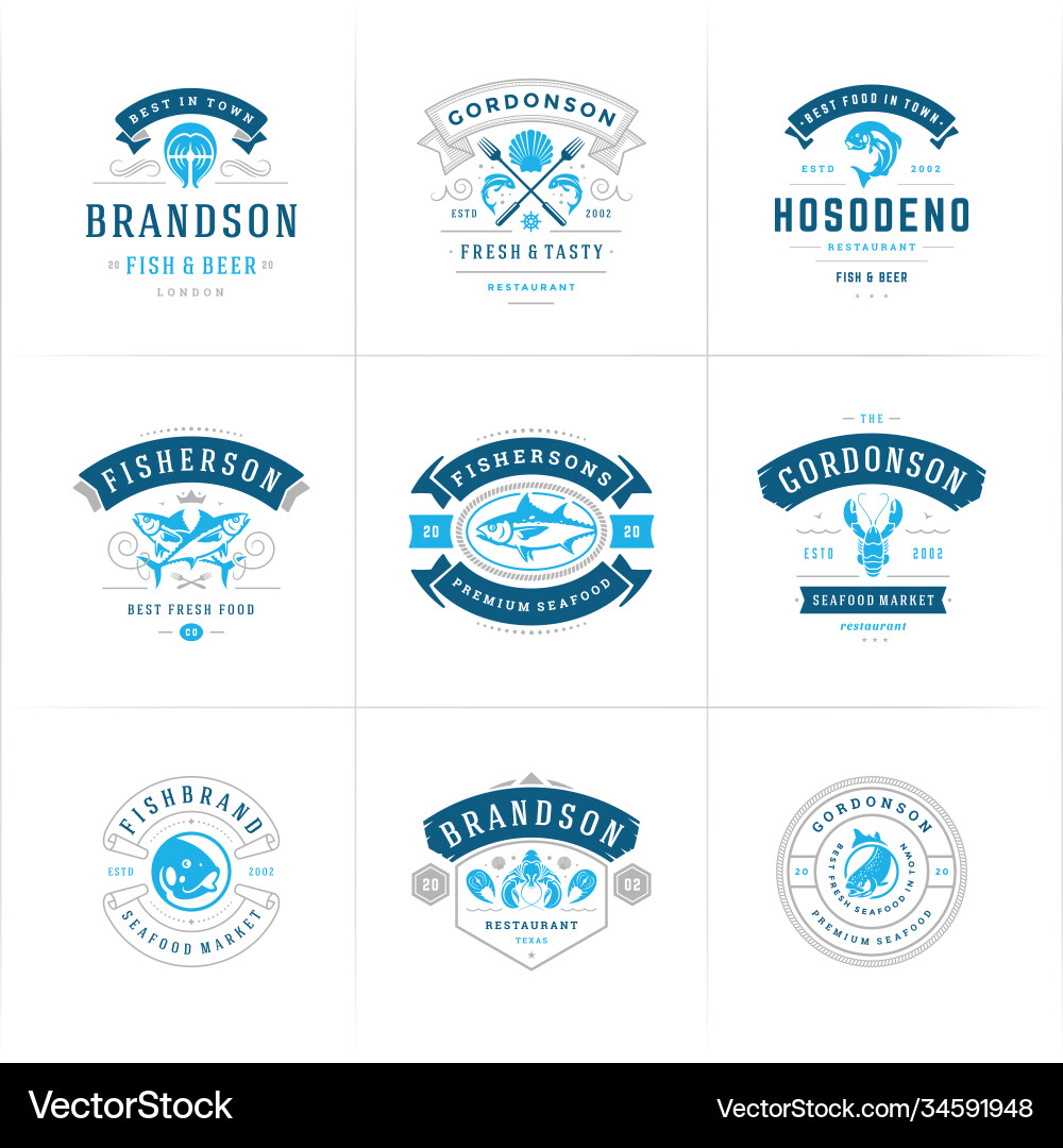 Seafood logos or signs set Royalty Free Vector Image