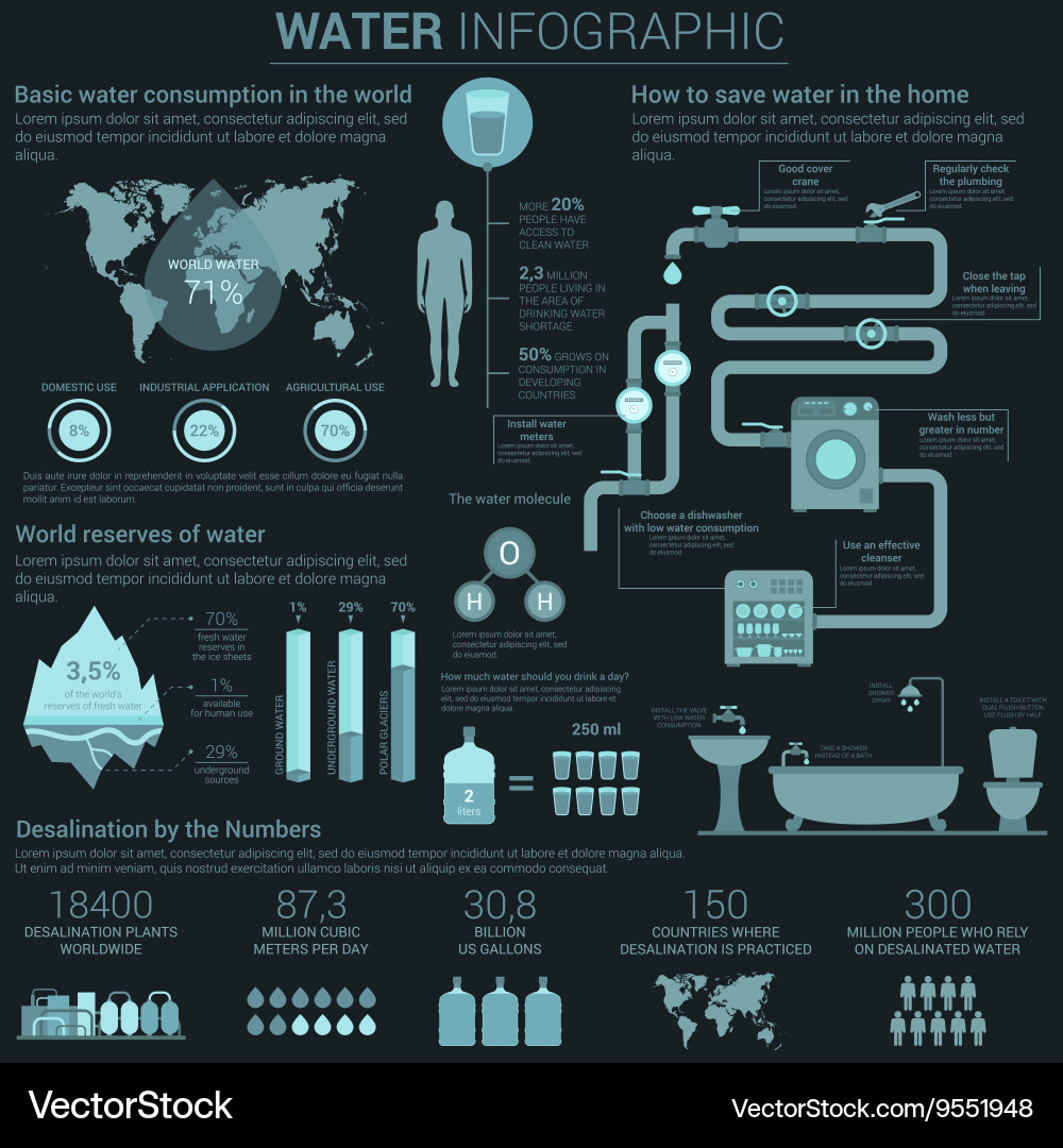 Water consumption infographic with diagrams Vector Image