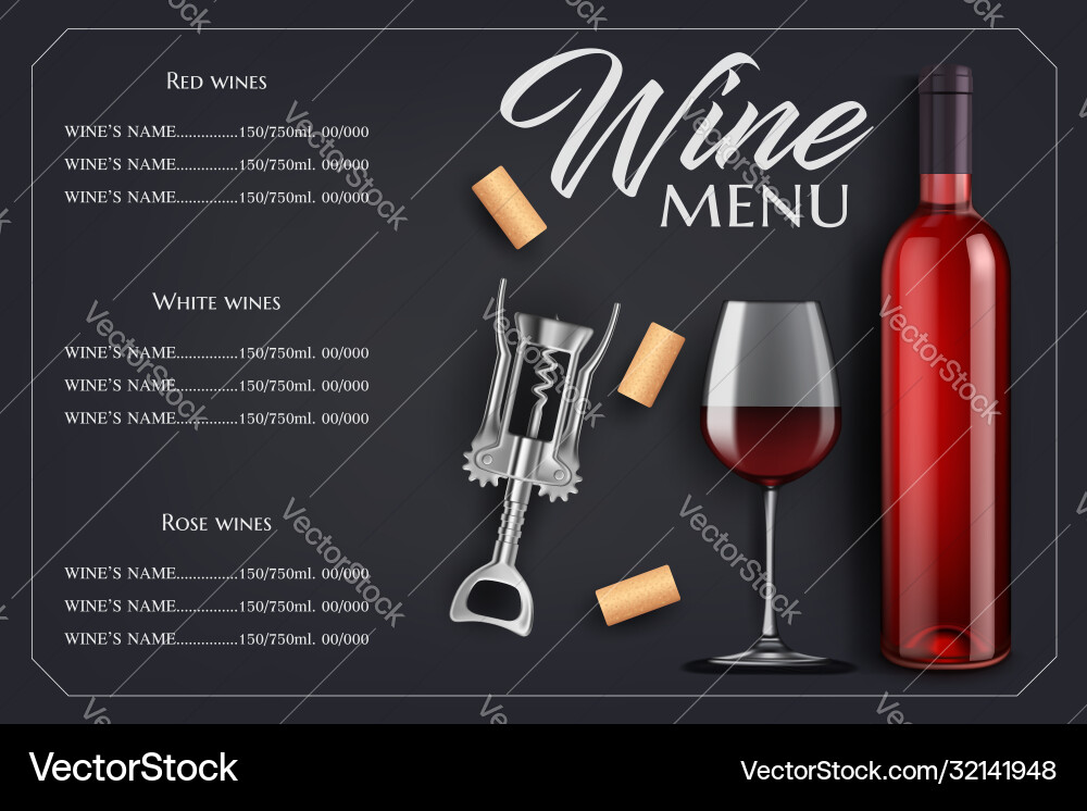 Wine menu list template with bottle glass Vector Image