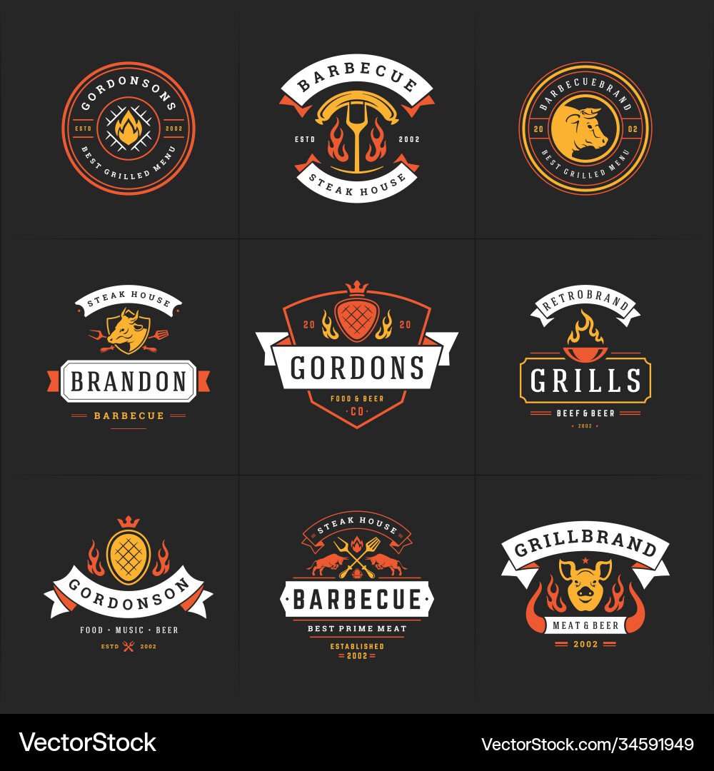 Grill und Grill-Logos Set Lizenzfreies Vektorbild