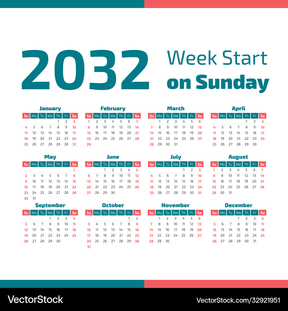 2032 calendar with weeks start on sunday Vector Image